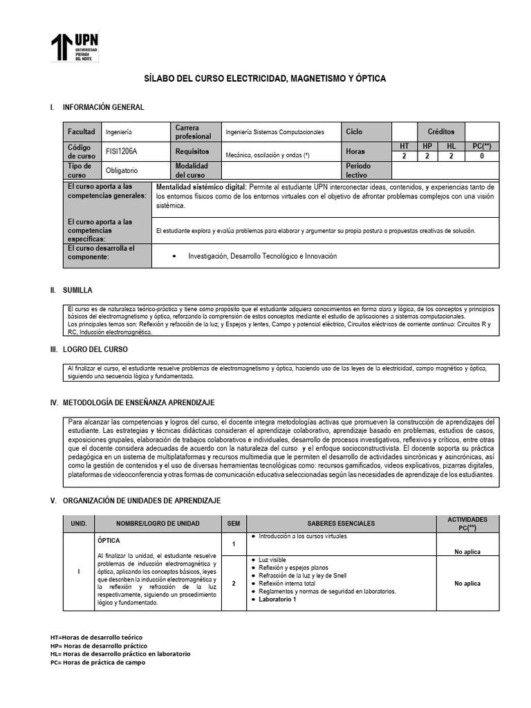 Sílabo Electricidad, Magnetismo y Óptica 2023-1 | PDF | Óptica | Electricidad