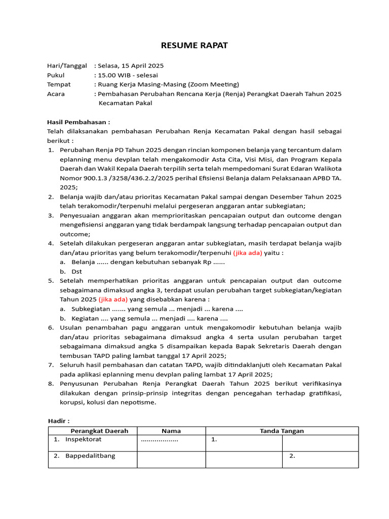 KECAMATAN PAKAL, Resume Rapat Pembahasan P-Renja PD Tahun 2025 | PDF