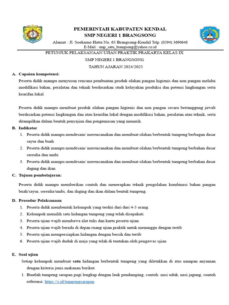 Untuk Sisiwa-Petunjuk Pelaksanaan Ujian Praktik Prakarya Kelas Ix | PDF