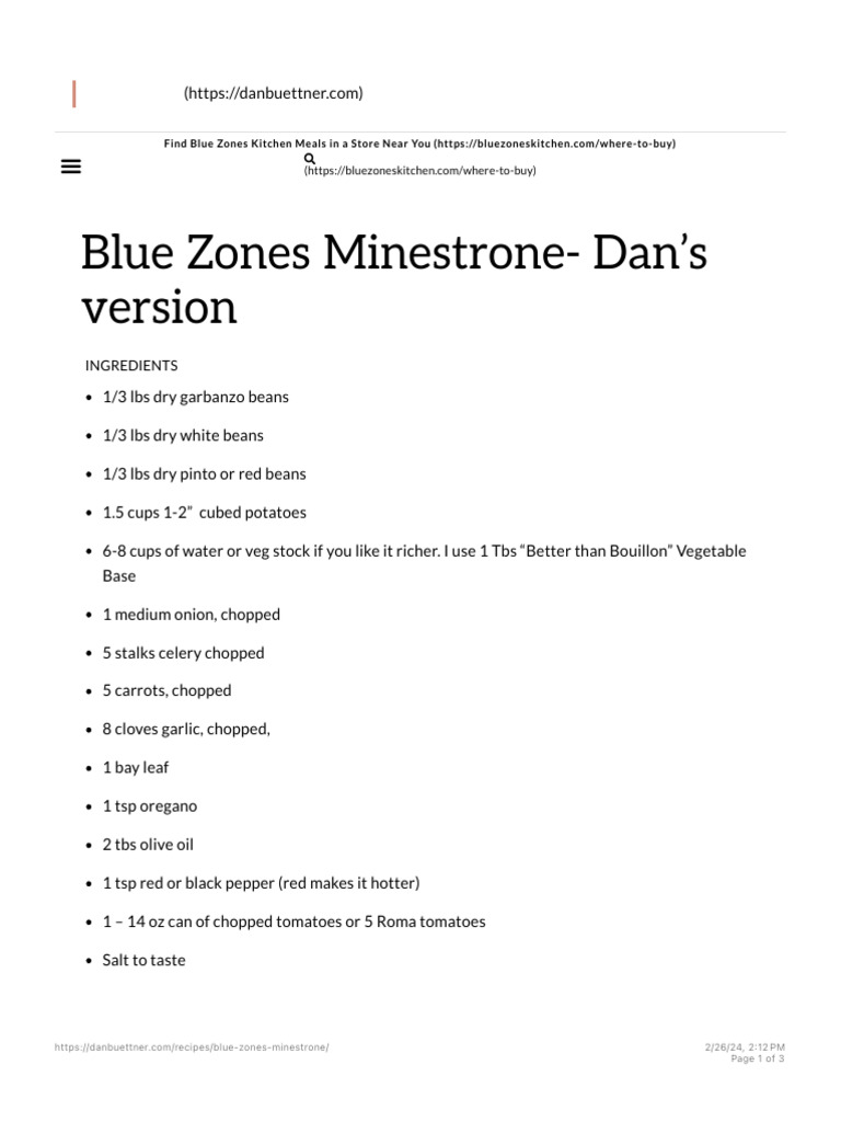 Dan Buettner's Blue Zones Minestrone | PDF | Vegetables | Soup