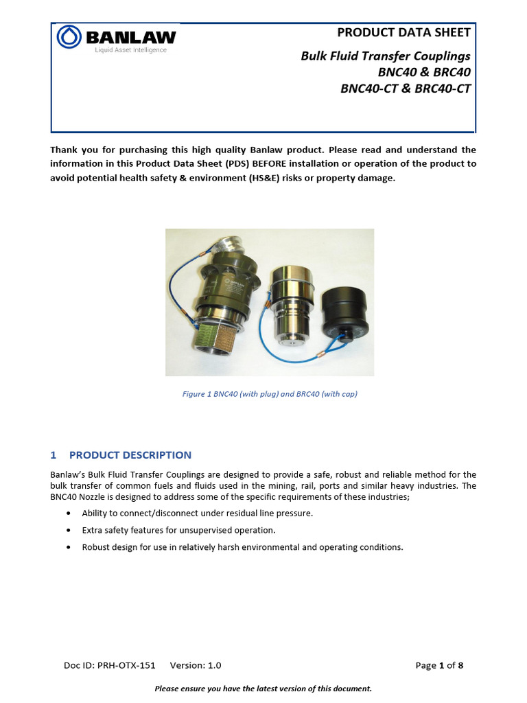 Banlaw BNC40 BRC40 Bulk Fluid Transfer Couplings PDS | PDF | Pump ...