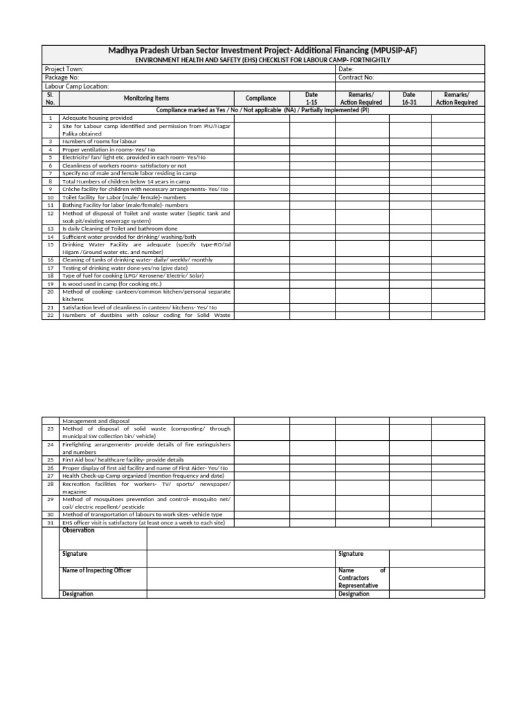 LABOUR CAMP SAFEGUARD CHECKLIST FOR MONITORING - Fortnightly | PDF ...