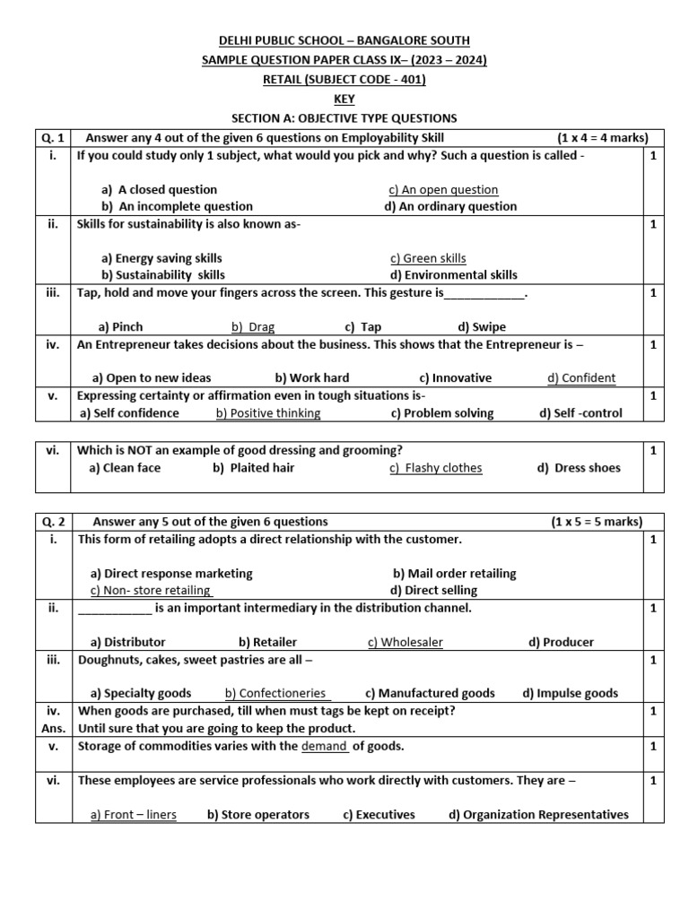 Key To Sample Question Paper Class Ix Retail | PDF | Goods | Retail