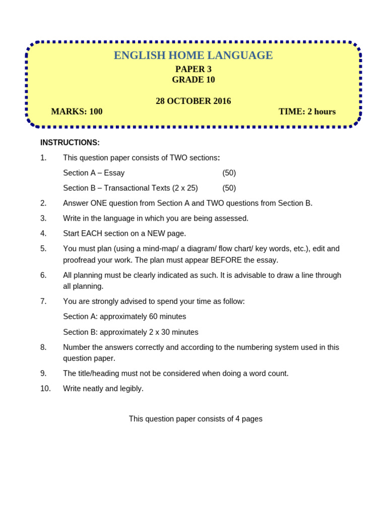 Grade 10 English Home Language P3 | PDF | Human Communication | Learning