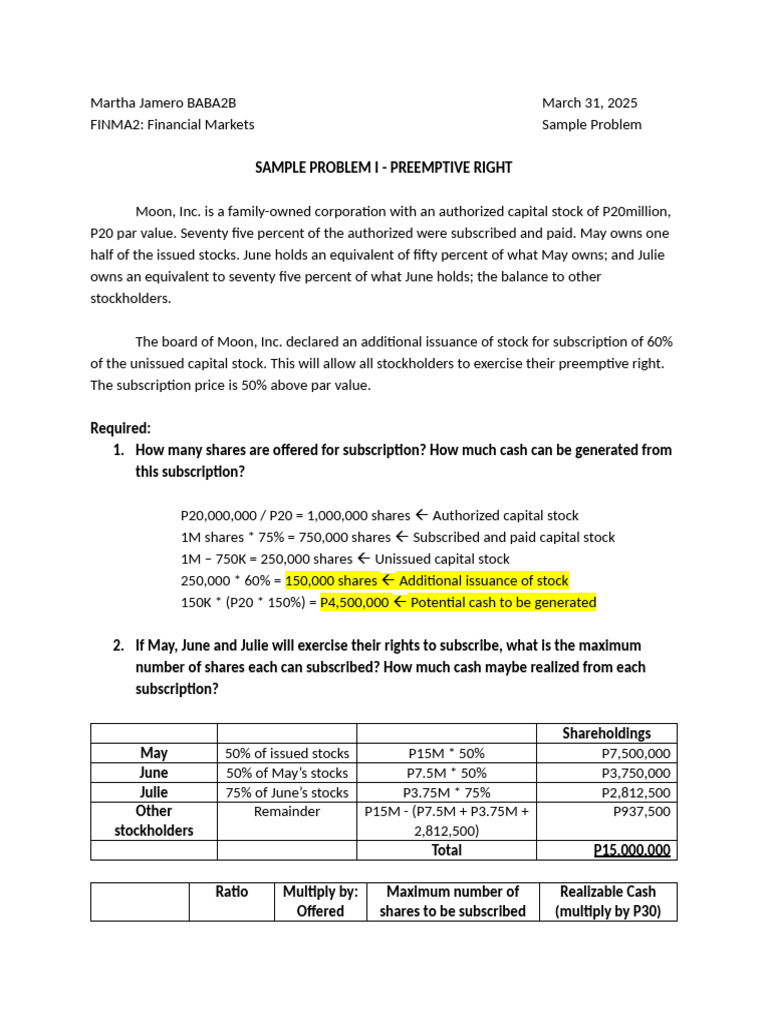 FINMA2 STOCKS SAMPLE PROBLEM | PDF | Preferred Stock | Dividend