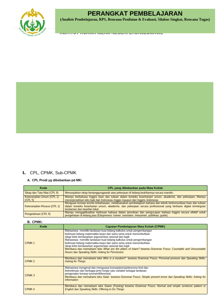Contoh RPS Obe MK Bahasa Inggris | PDF