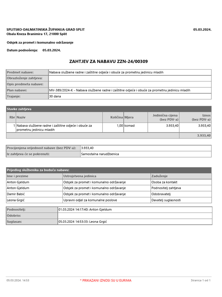 ZZN-24_00309 - Nabava Službene Radne i Zaštitne Odjeće i Obuće Za Prometnu Jedinicu Mladih-1 | PDF