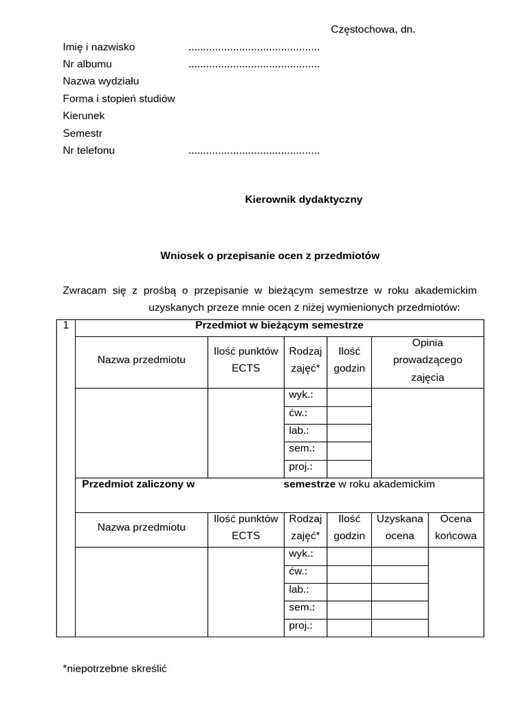 Wzór Wniosku o Przepisanie Ocen Z Przedmiotów - 24-25 | PDF
