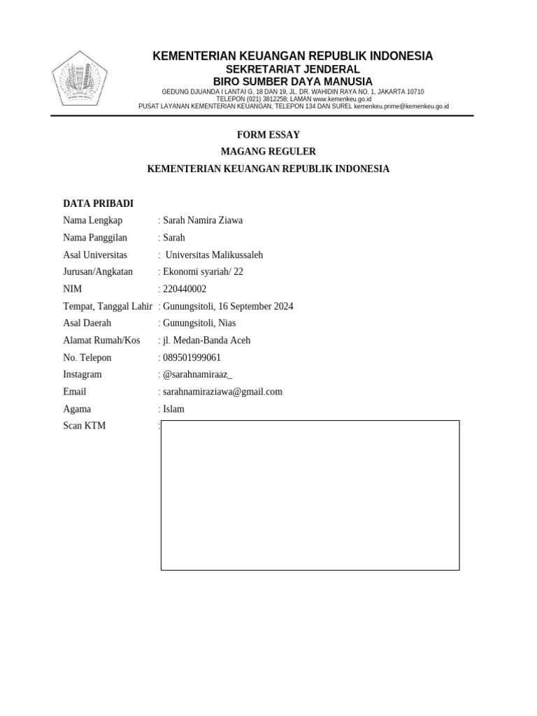 Form Essay Magang Kemenkeu | PDF