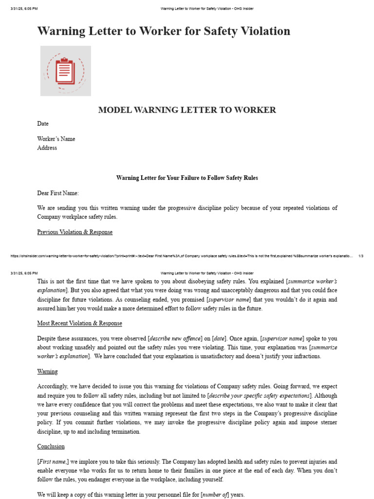 Warning Letter To Worker For Safety Violation - OHS Insider | PDF ...