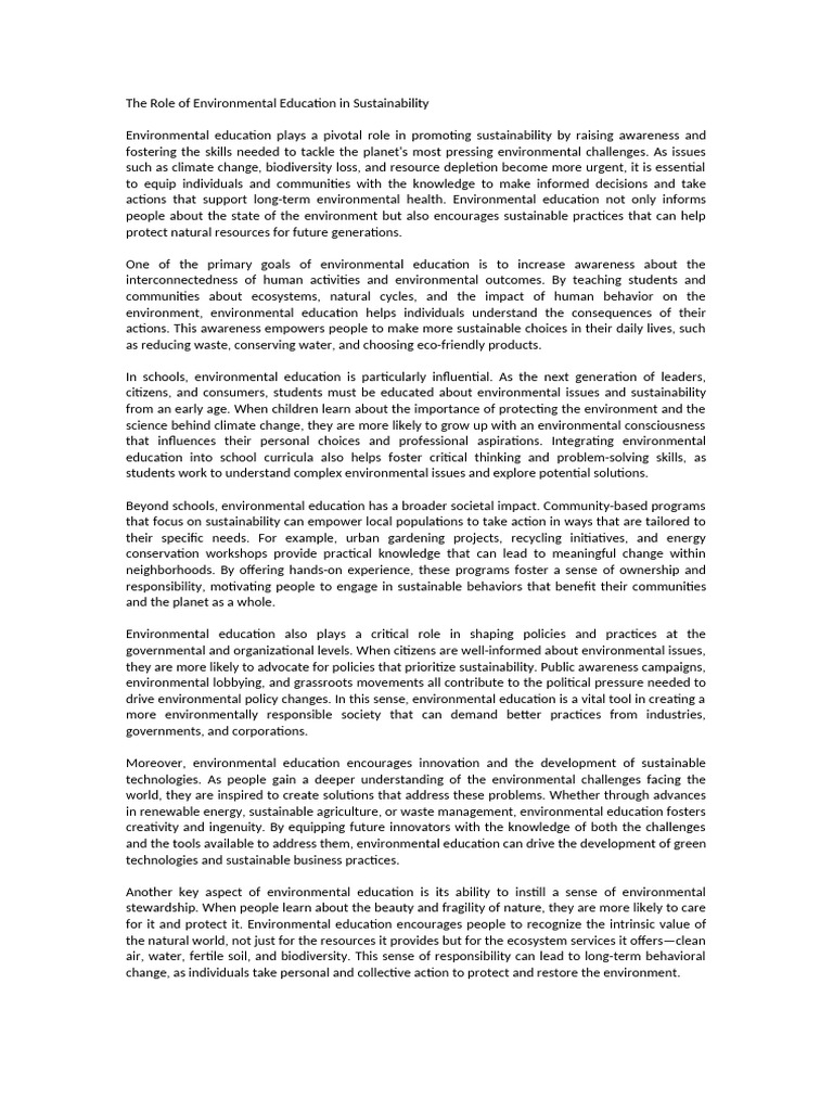 The Role of Environmental Education in Sustainabil | PDF ...