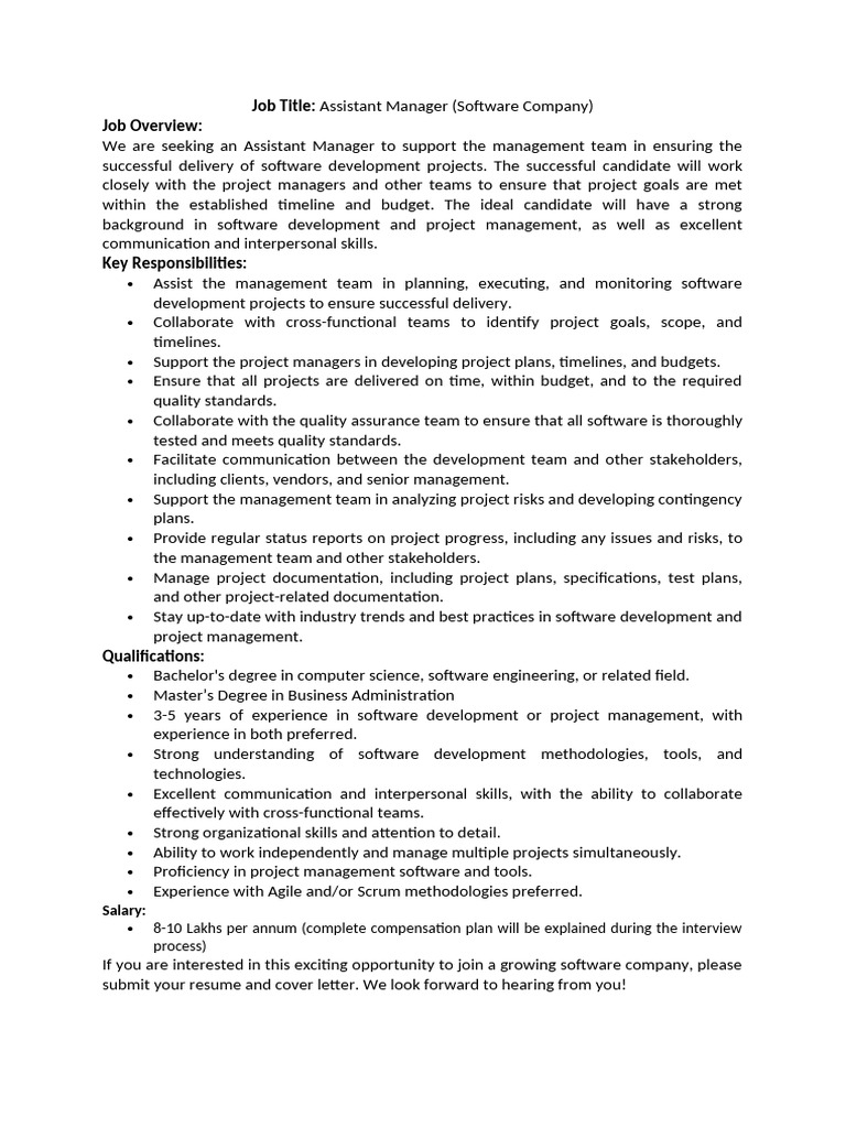 JD of Assistant Manager | PDF | Project Management | Software Development
