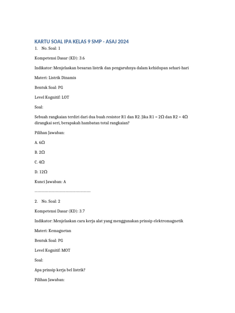 Kartu_Soal_IPA_Kelas_9_ASAJ_2024 | PDF