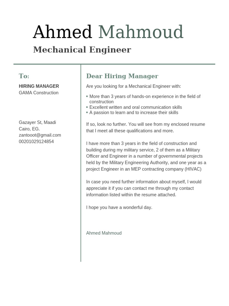 Mechanical Engineer Application Letter | PDF
