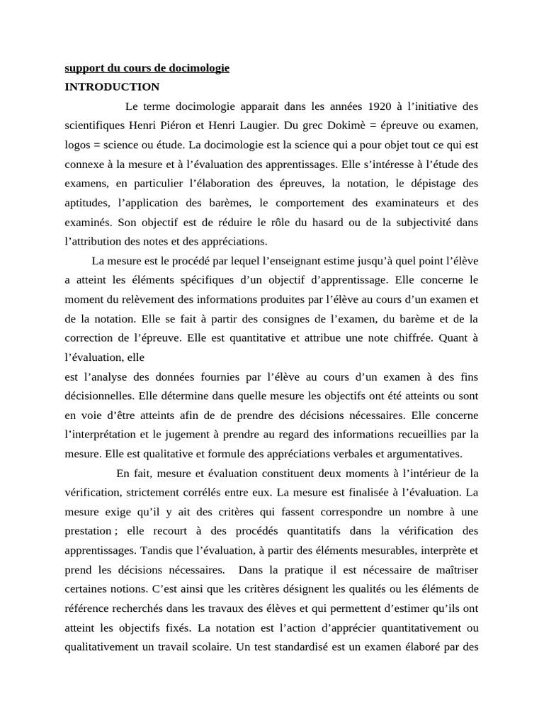 Cours de Docimologie Enset | PDF | Apprentissage | Pédagogie