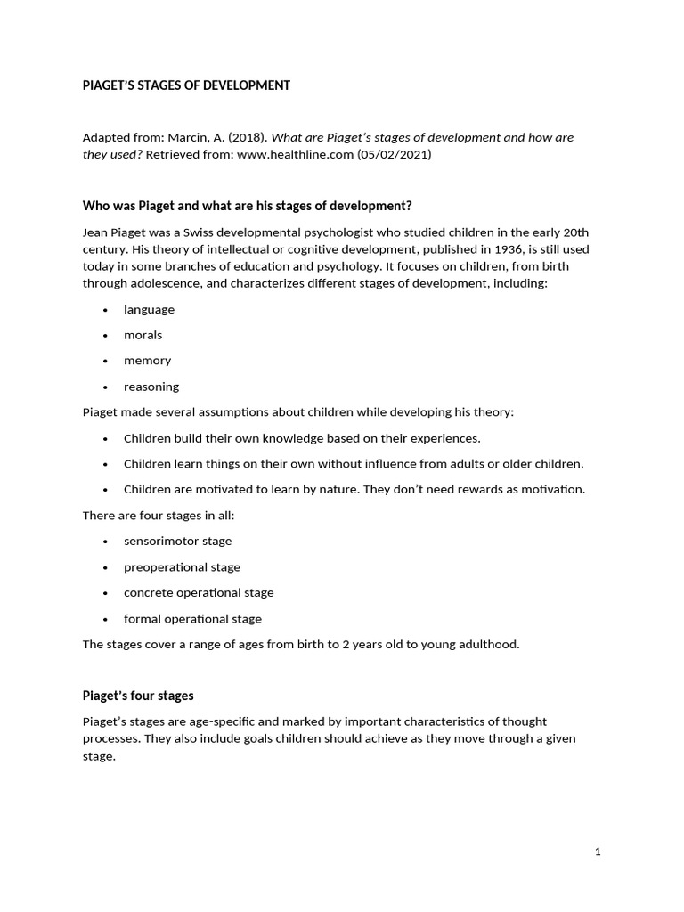 Piaget's Stages of Child Development | PDF | Schema (Psychology ...