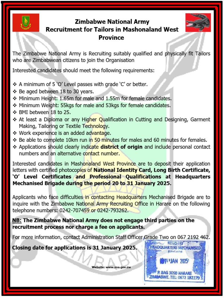 Zimbabwe Army Tailor Recruitment 2025 | PDF