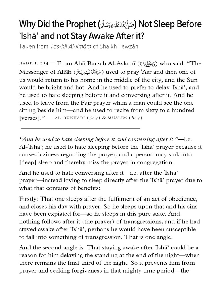 Why Did The Prophet Not Sleep Before Ishaa and Not Stay Awake After It ...