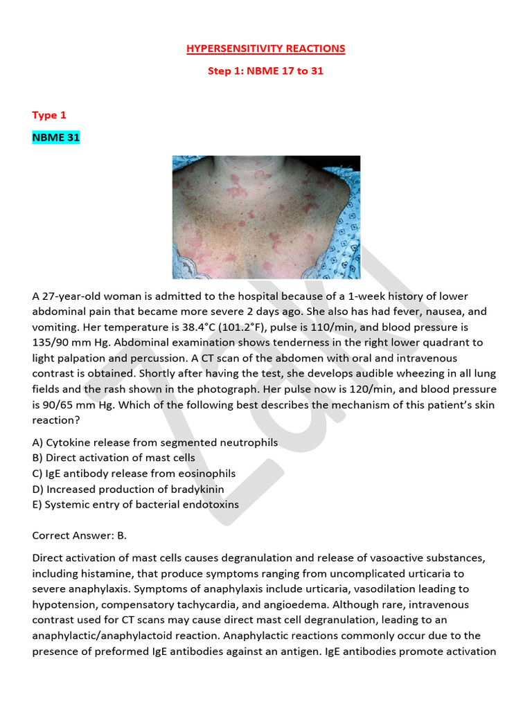 Step 1 - Hypersensitivity Reactions - NBME 17 To 31 | PDF | Allergy ...