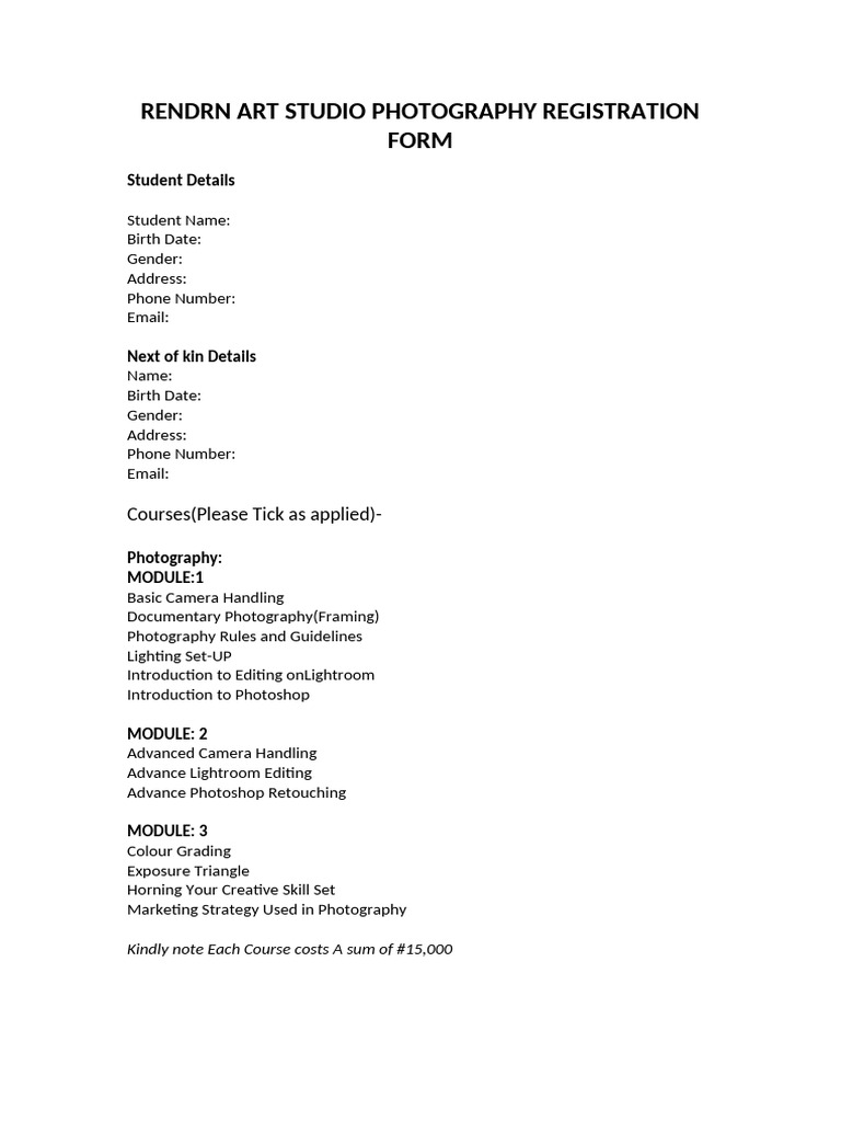 Rendrn Art Studio Photography Registration Form | PDF