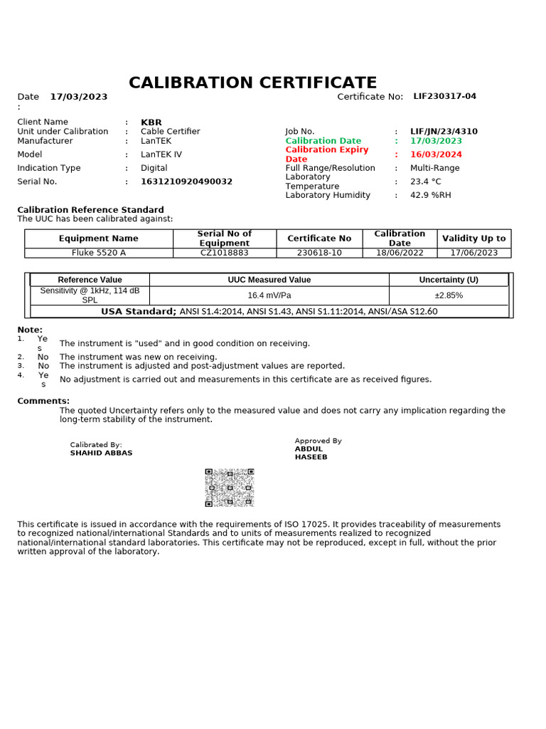 LIF230317-04 Cable Certifier | PDF | Calibration | Metrology