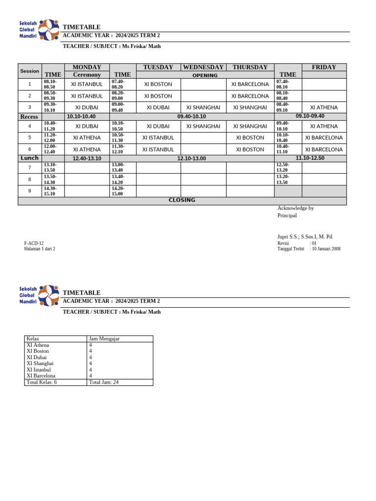 Friska-T2-Time Table 2024-2025 | PDF