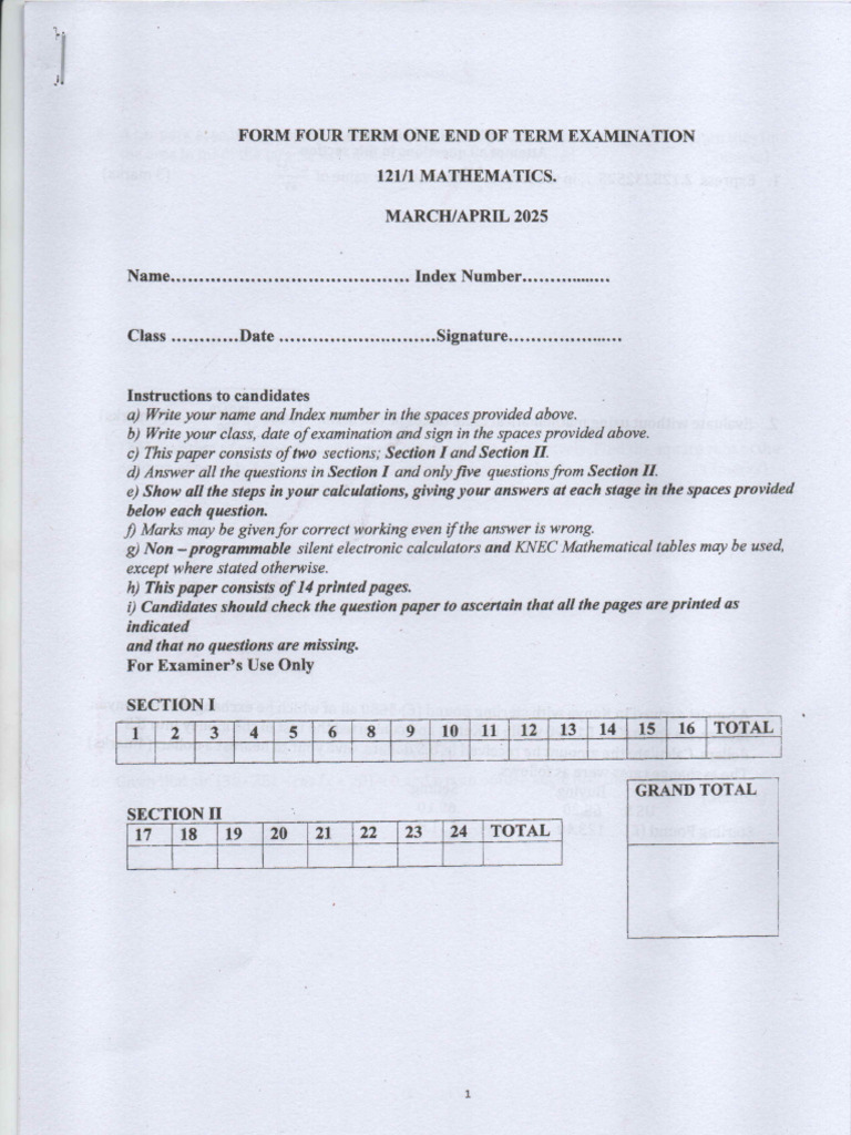2025 Form4 Math Term 1 End | PDF