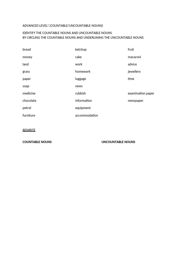 Countable & Uncountable Nouns - Advanced Level | PDF