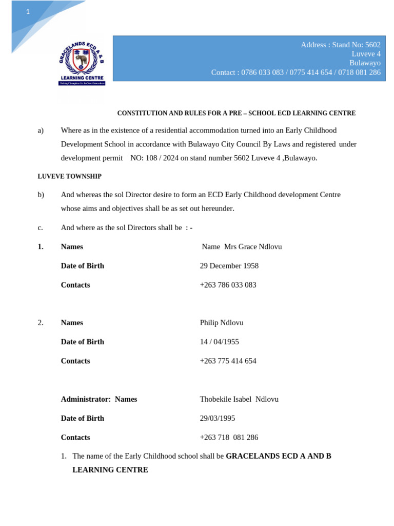 Gracelands ECD Centre Constitution | PDF | Social Psychology | Learning
