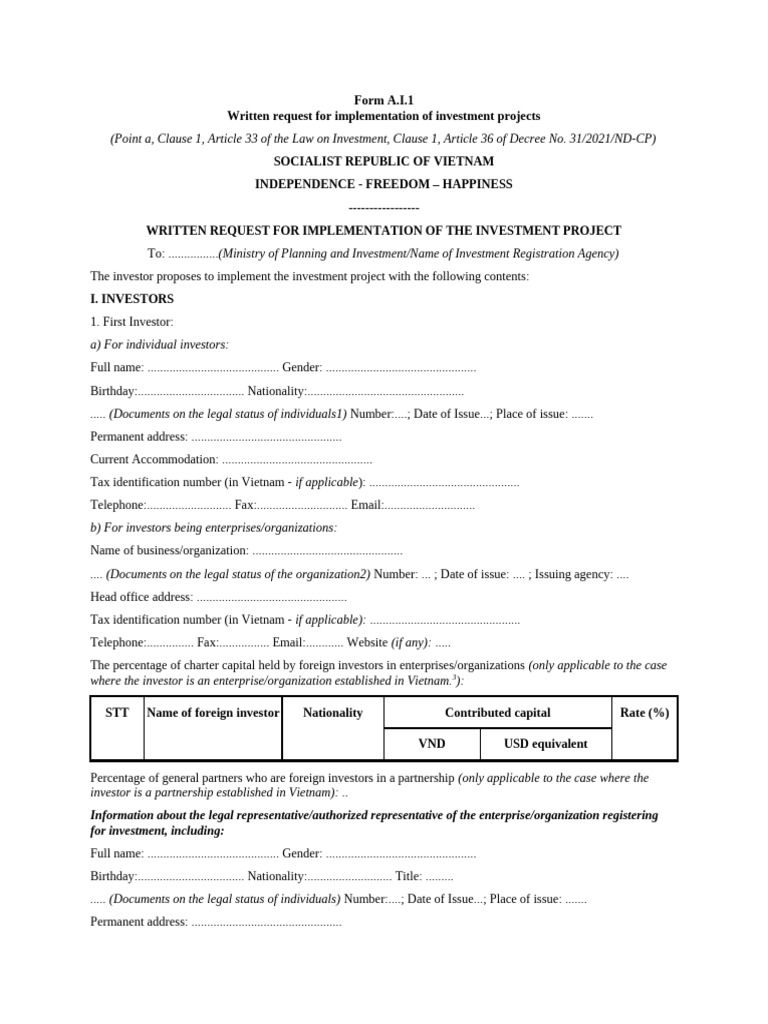 Investment Project Request Form A.I.1 | PDF | Identity Document | Economies