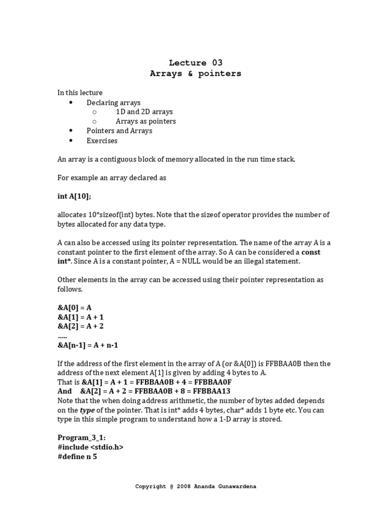 Lecture 03 - Arrays and Pointers | PDF | Pointer (Computer Programming) | Computer Data