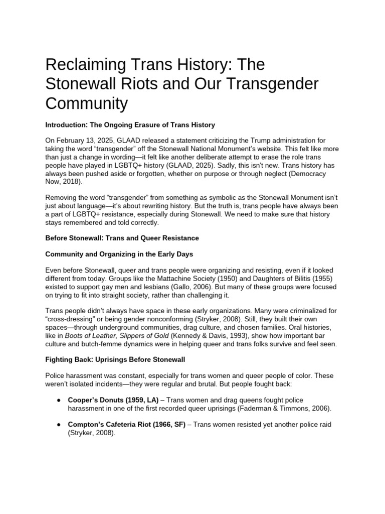Reclaiming Trans History at Stonewall | PDF | Transgender | LGBTQIA+ ...