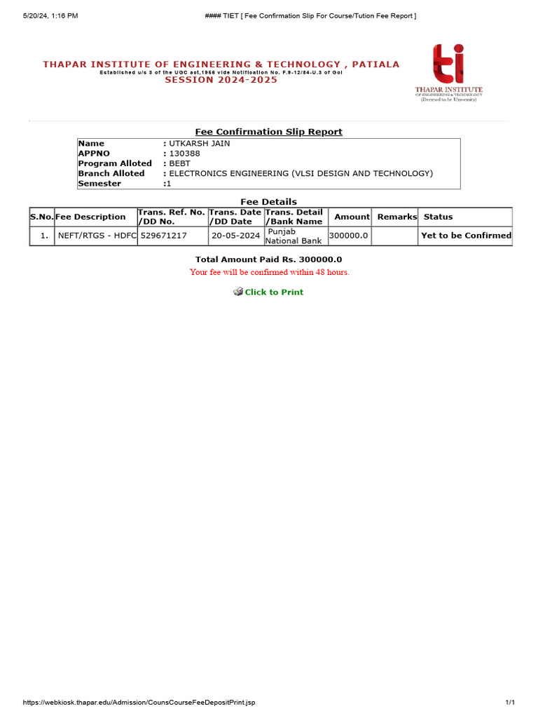 TIET Fee Confirmation Slip For Course Tution Fee Report | PDF