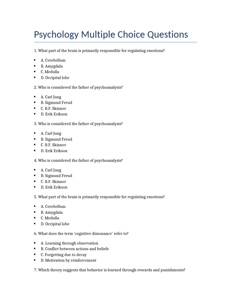 Psychology Multiple Choice Questions | PDF | Psychoanalysis | Psychology