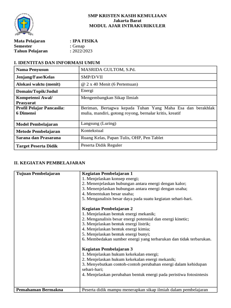 Format Modul Ajar Intrakurikuler Pert 2 | PDF