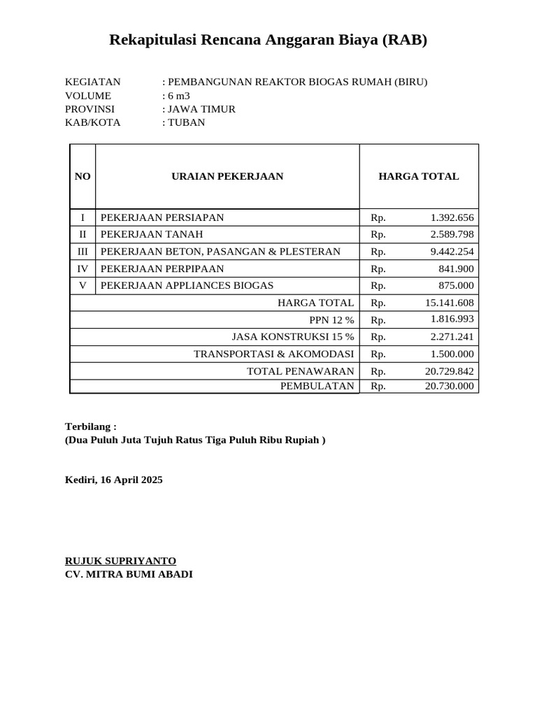RAB CV Mitra Bumi Abadi 6m3 Tuban | PDF