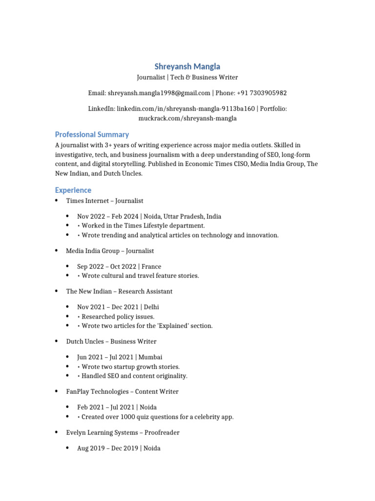 Shreyansh Mangla Resume Experience Education Separated | PDF