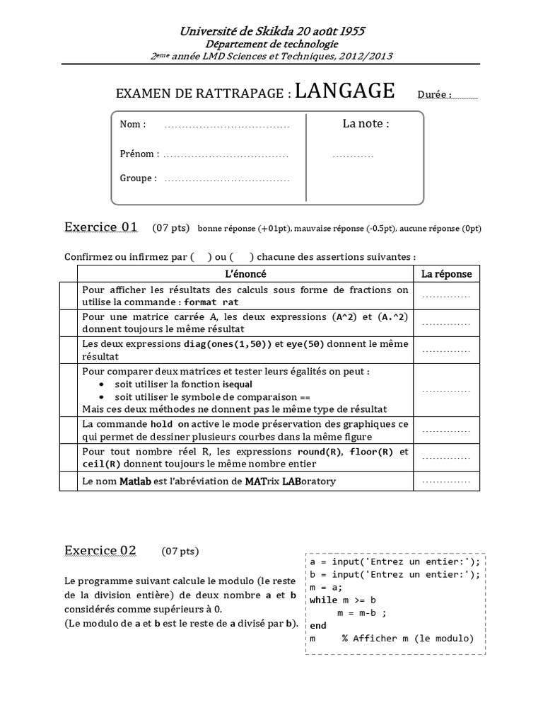 Examen de rattrapage en langage Matlab | PDF | Arithmétique | Mathématiques