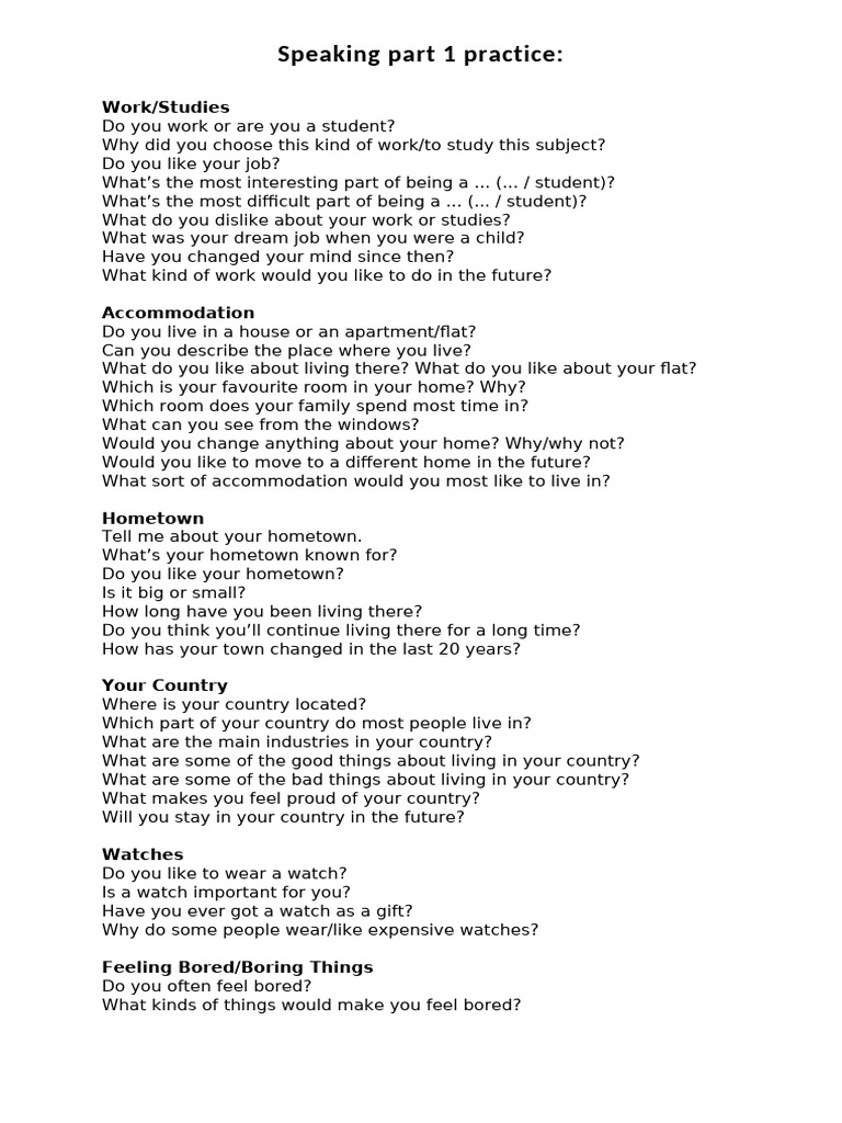 Speaking Part 1 Exercise For Pair Work | PDF