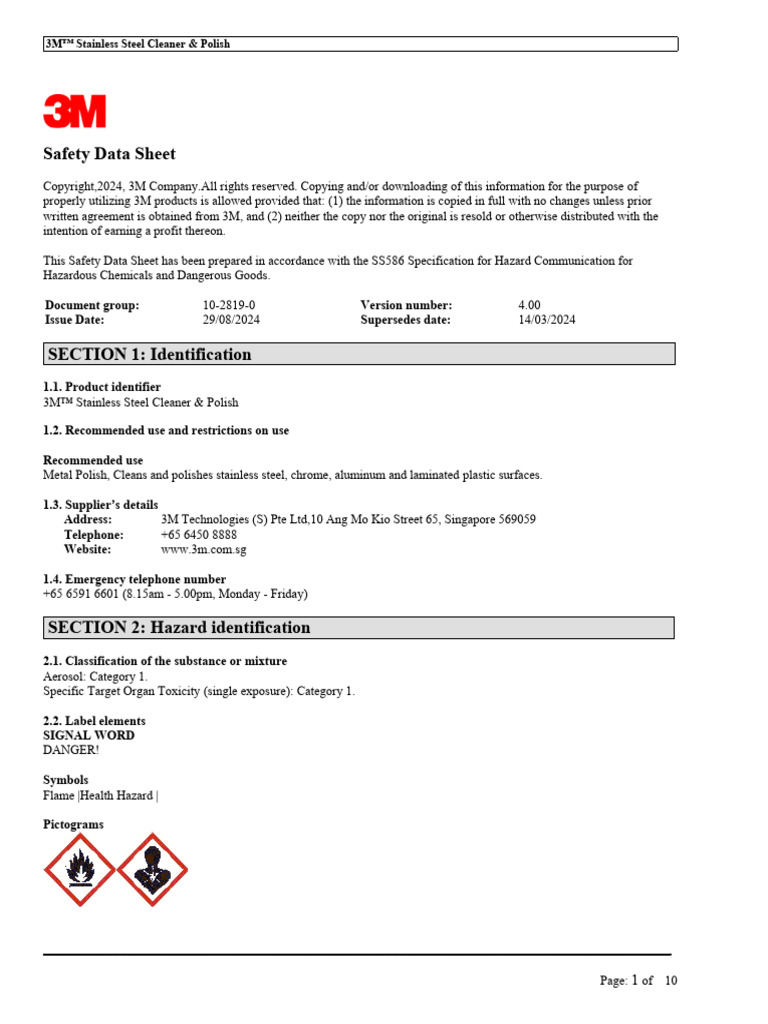3M Stainless Steel Cleaner & Polish - SDS | PDF | Toxicity | Dangerous Goods