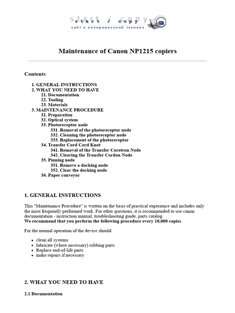 Maintenance of Canon NP1215 Copiers | PDF | Screw