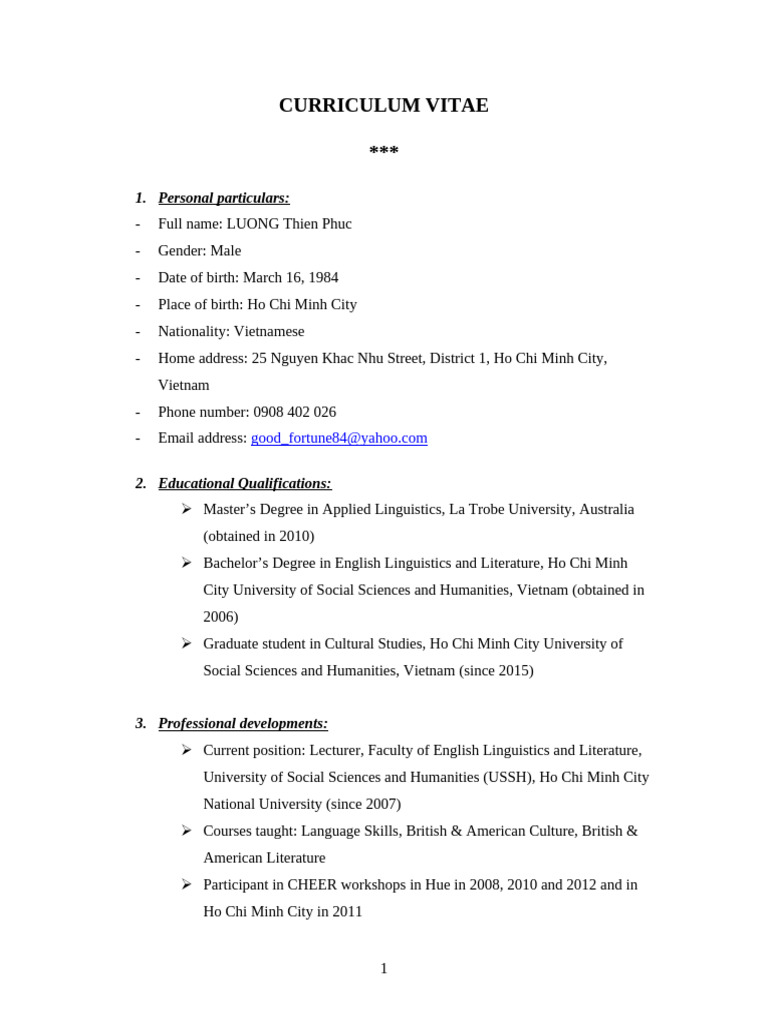 Curriculum Vitae - Ths - Luong Thien Phuc | PDF | Vietnam | Ho Chi Minh