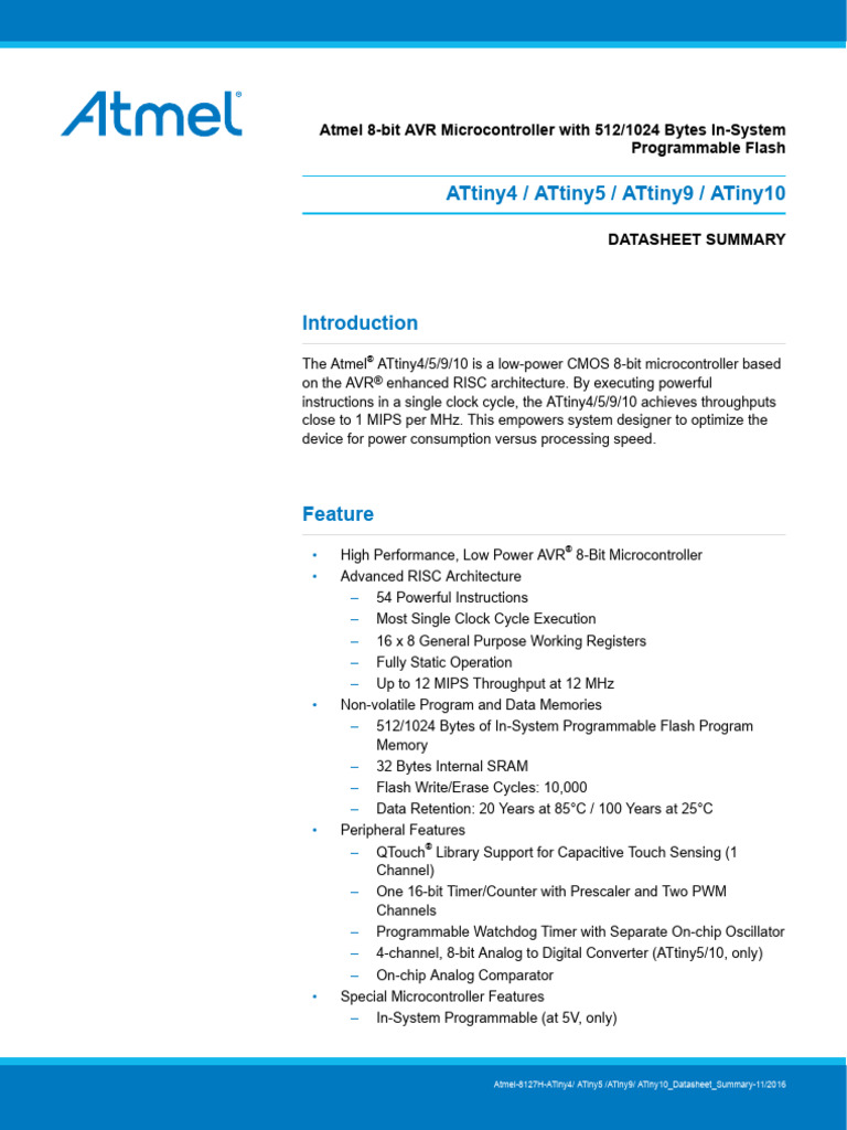 Atmel 8127 AVR 8 Bit Microcontroller ATtiny4 ATtiny5 ATtiny9 ATtiny10 Datasheet Summary | PDF ...