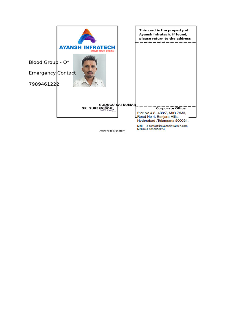 Ayansh Infratech ID Card Details | PDF
