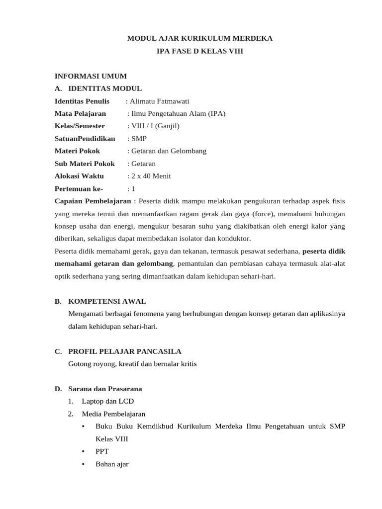 MODUL AJAR KURIKULUM MERDEKA Getaran | PDF