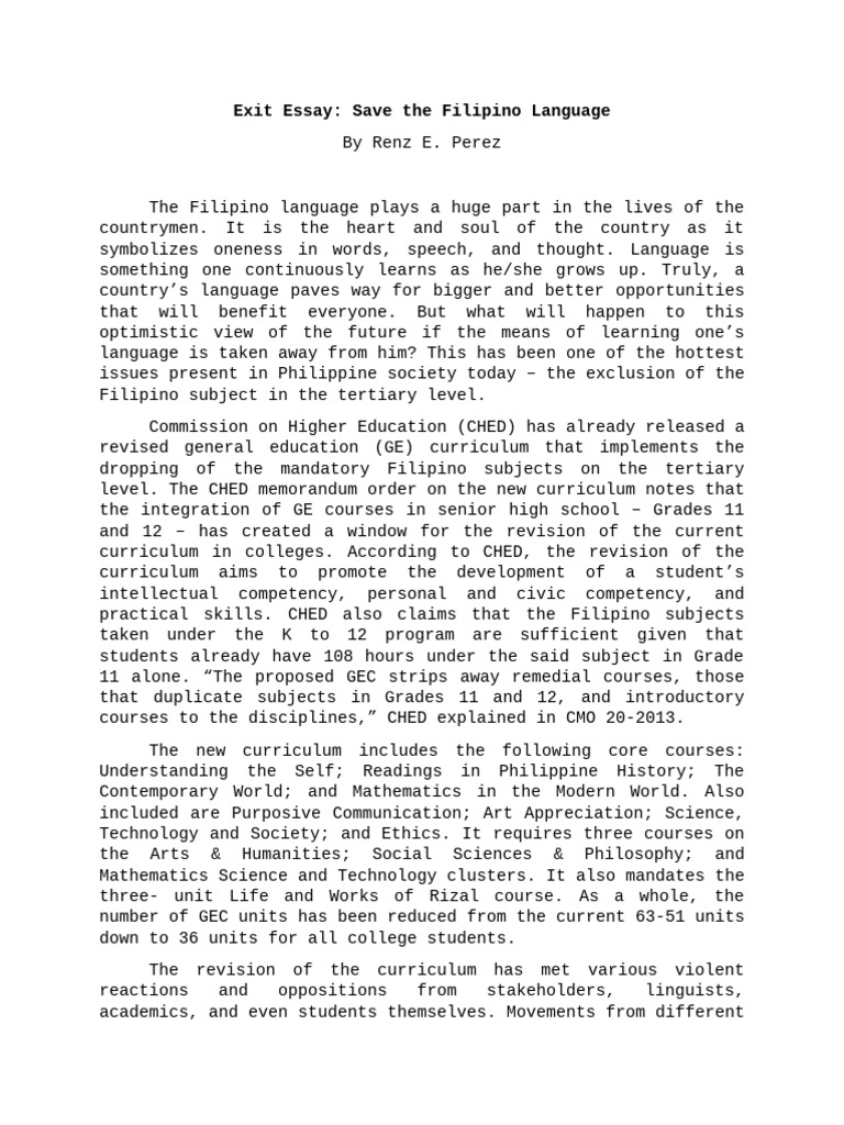 Exit Essay - Save The Filipino Language by Renz Perez | PDF | Curriculum