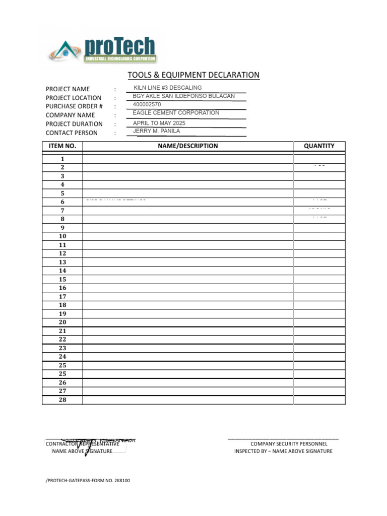 MANPOWER, TOOLS & EQUIPMENT DECLARATION 2025 - EAGLE CEMENT | PDF ...