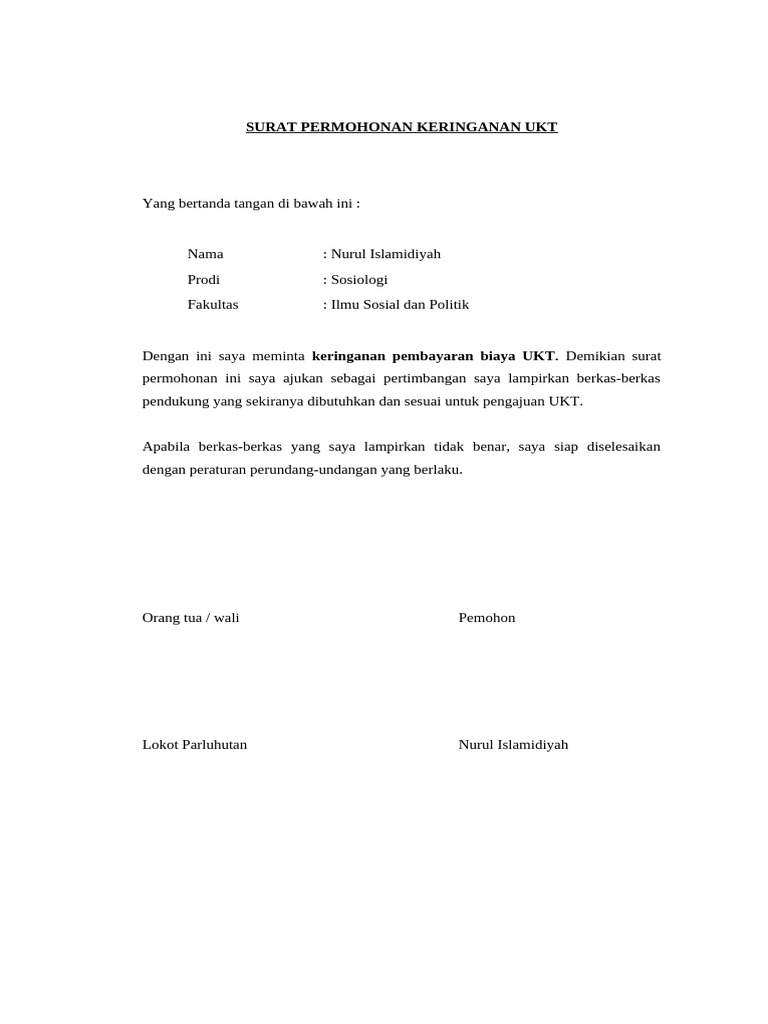 SURAT PERMOHONAN KERINGANAN UKT | PDF