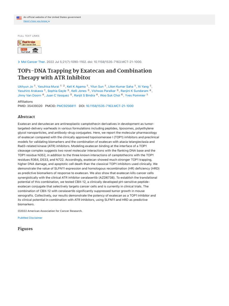 TOP1-DNA Trapping by Exatecan and Combination Therapy With ATR ...