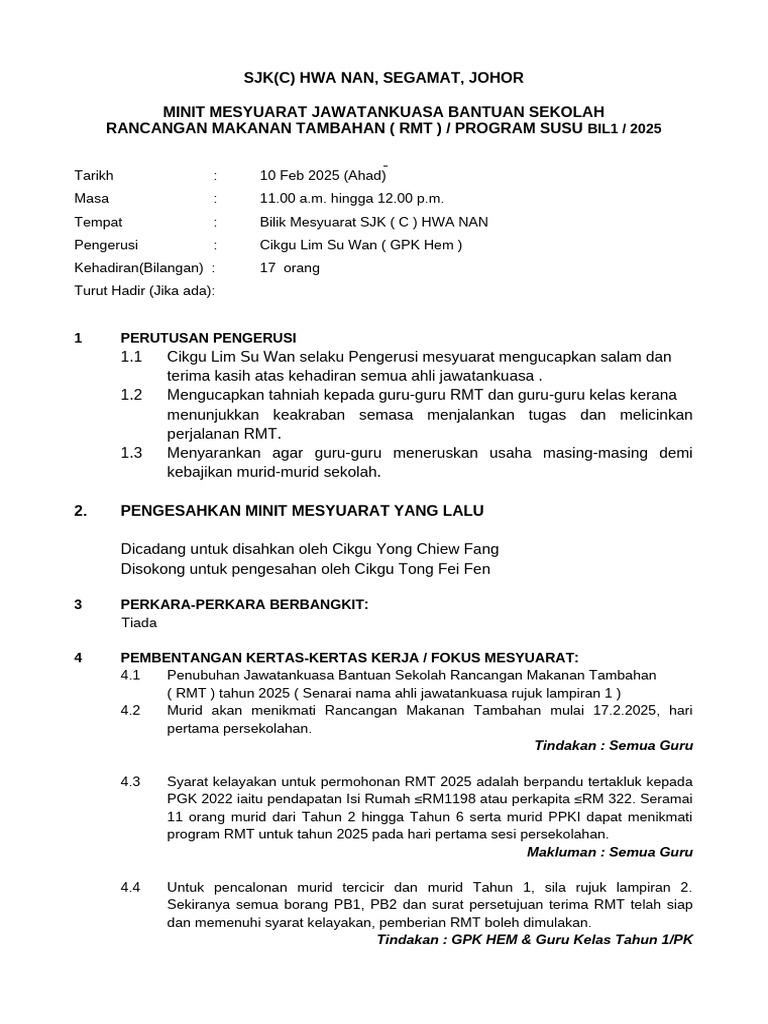 Minit Mesyuarat RMT Kali 1 2025 | PDF